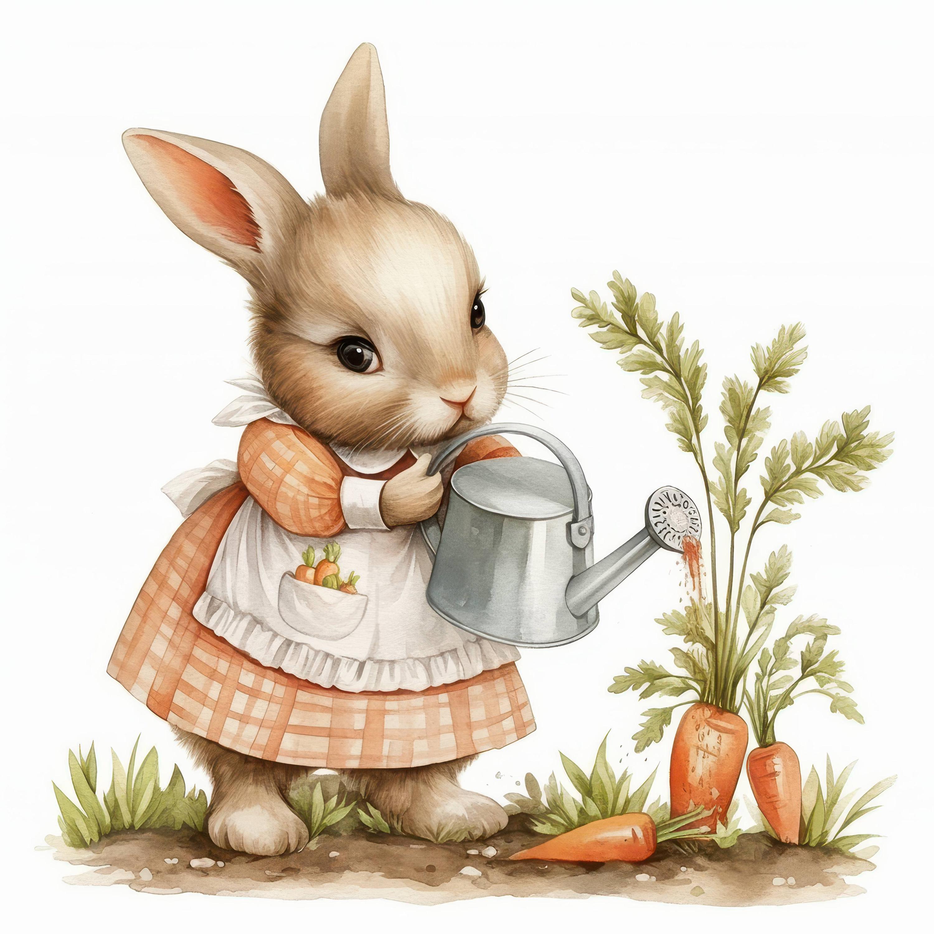 10 Bunny Watering Carrot Clipart Bundle, Cute Rabbit Illustration ...