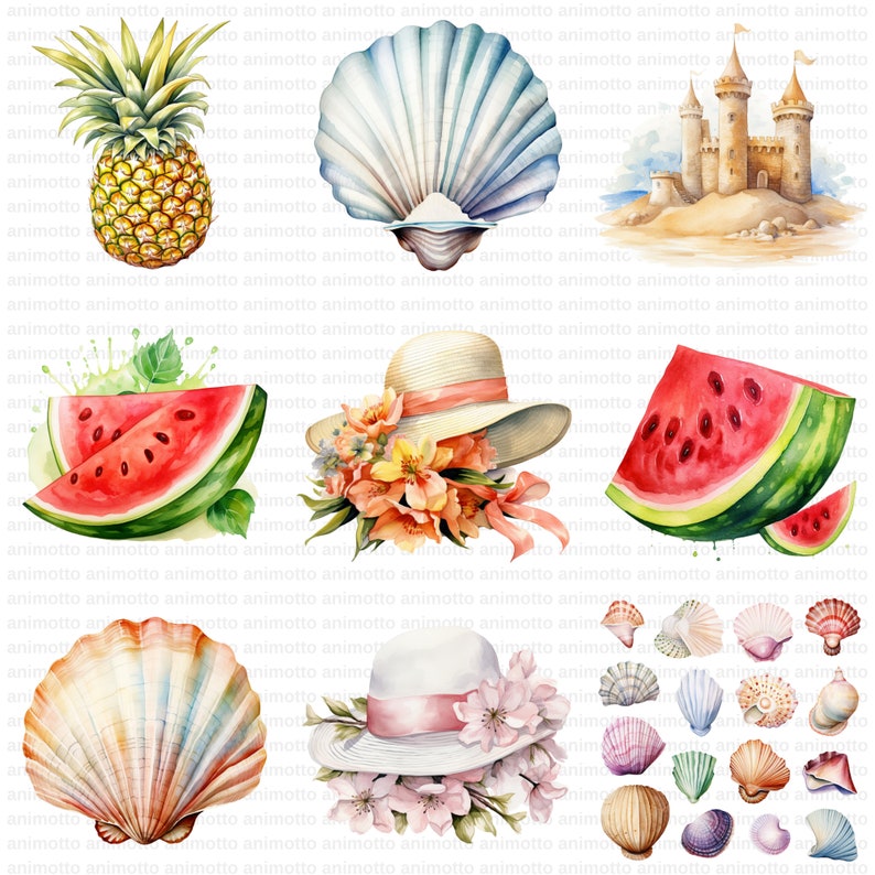 Watercolor Summer Clipart Bundle, Summer Clipart Set, Beach PNG, Sun ...