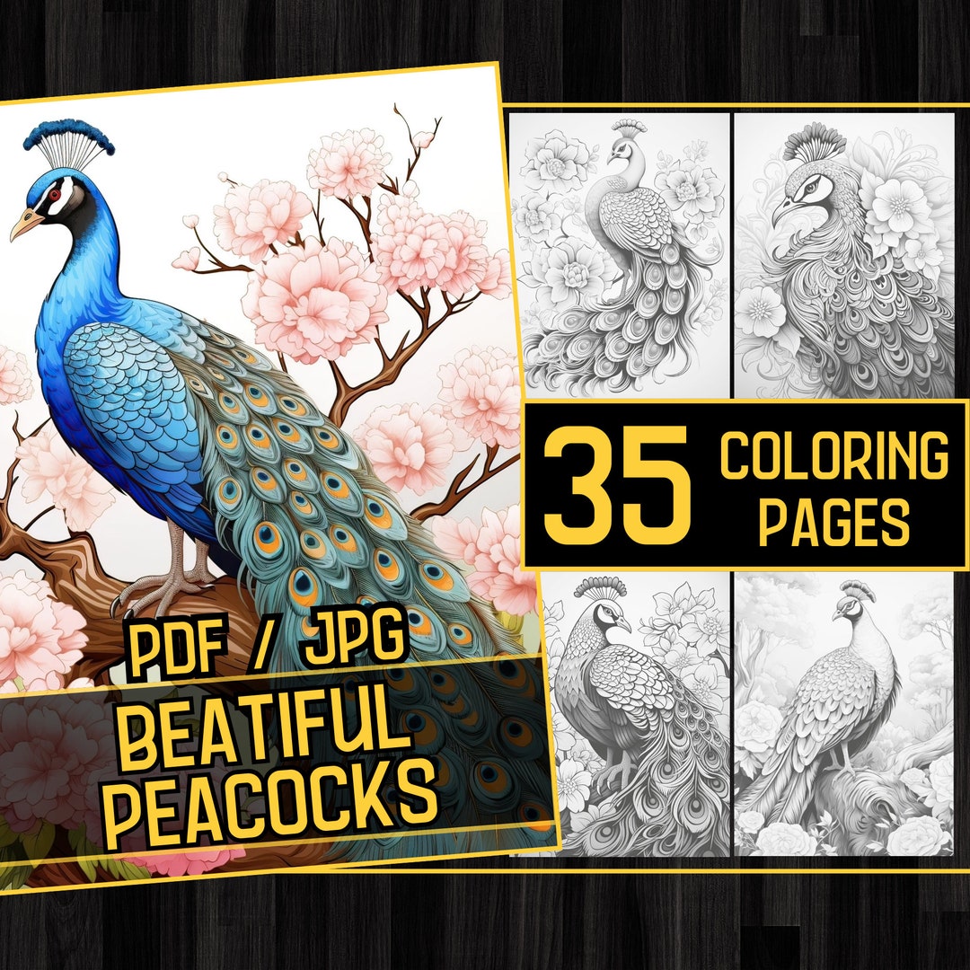 Beatiful Peacocks 35 Coloring Page Book, Adults Kids Instant Download ...
