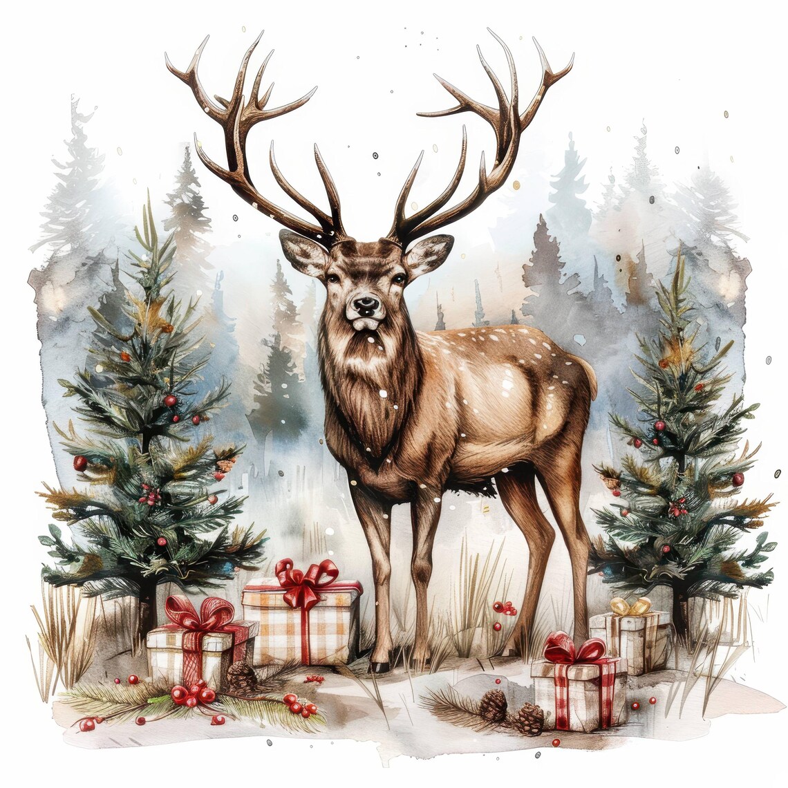 15 Christmas Deer Clipart Bundle, Reindeer, Printable Watercolor ...