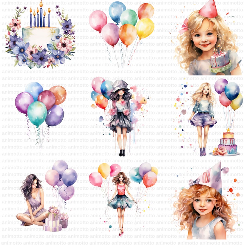 Watercolor Birthday Clipart Bundle, Birthday Cake Clipart Set, Colorful ...