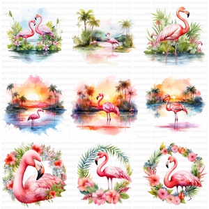 Watercolor Flamingos Clipart Bundle, Tropical Bird Clipart Set, Pink ...