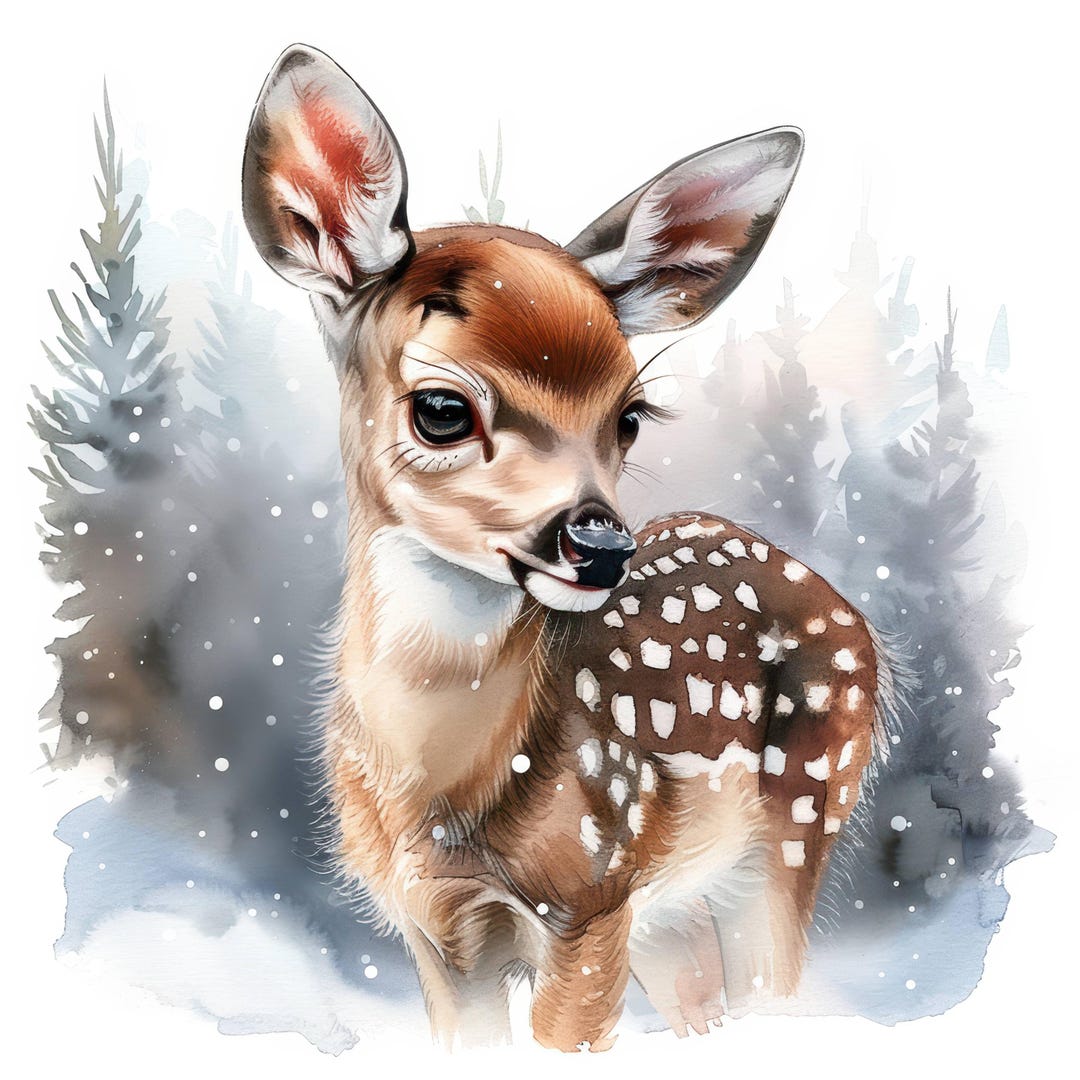 12 Fawn Baby in Winter Close up Clipart, Bemby Images, Digital Download, High Resolution, Paper ...