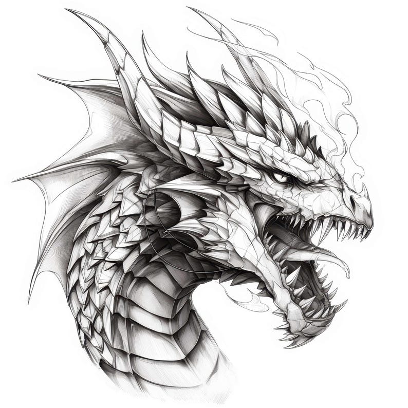 12 Dragon Profile Tattoo Clipart, Dragon Head Illustration, Printable ...