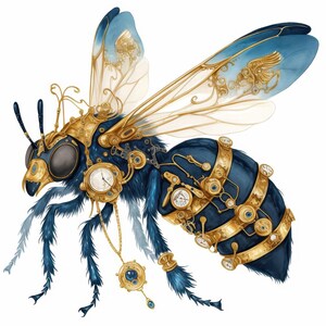 14 Blue Steampunk Bees Clipart Bundle, Printable Watercolor Robotic Bee Images Illustrations ...