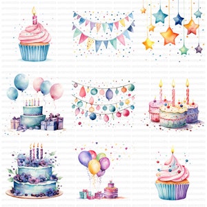 Watercolor Birthday Clipart Bundle, Birthday Party Clip Art Set ...