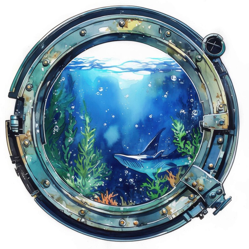 16 Underwater Life Clipart Set, Printable Watercolor Submarine Windows ...