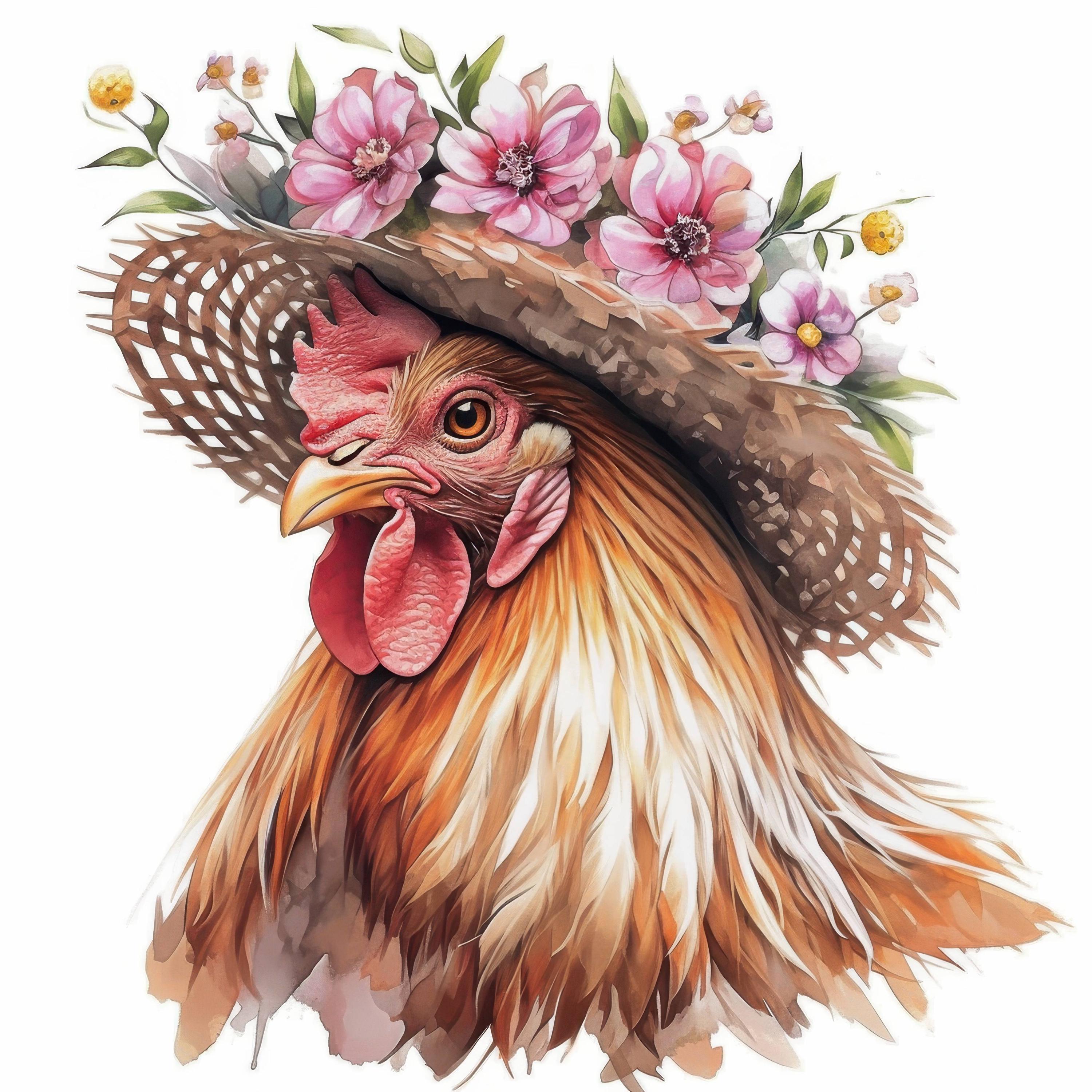 10 Summer Chicken Clipart Bundle, Chicken With Straw Hat Images ...