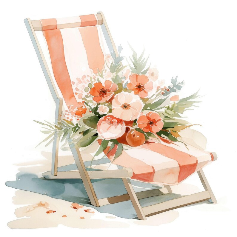 18 Floral Beach Chair Clipart Set, Printable Watercolor Summer Clipart ...