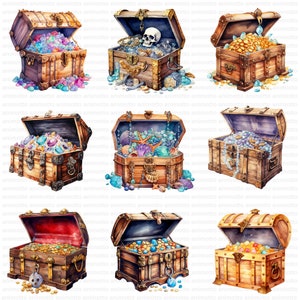 Watercolor Treasure Chests Clipart Bundle, Pirate Treasure PNG Set ...