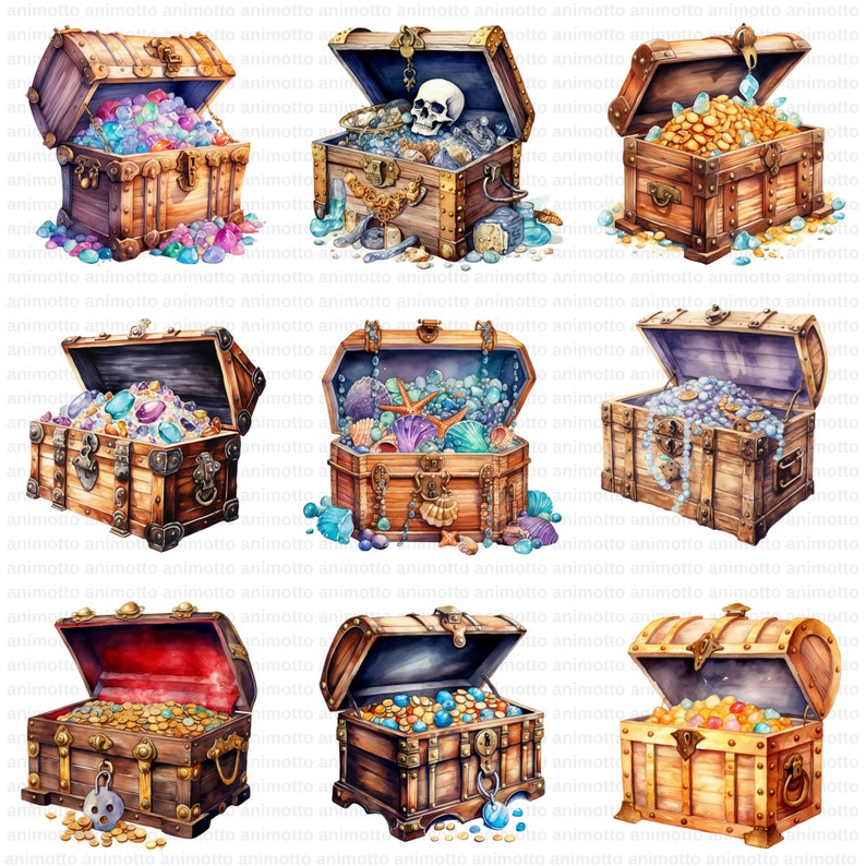 Watercolor Treasure Chests Clipart Bundle, Pirate Treasure PNG Set ...