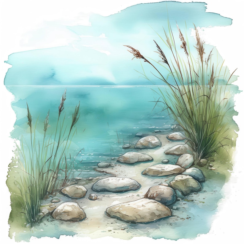 9 Teal Lake Graphics Clipart Bundle, Printable Watercolor Lakeshore ...