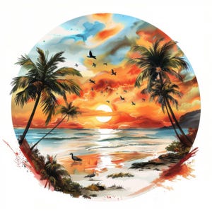 15 Tropical Sunset Circle Clipart Illustration Bundle, Printable ...
