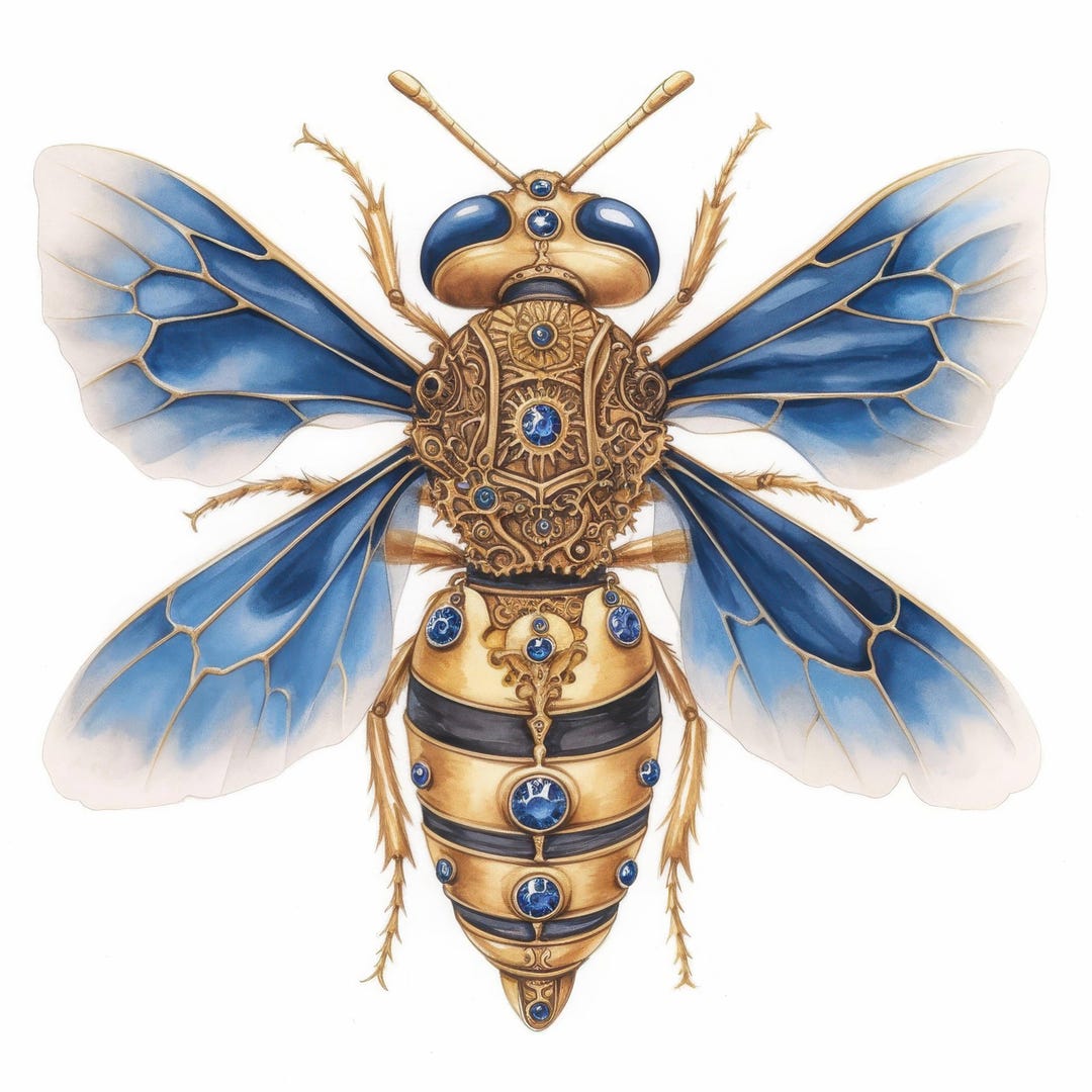 14 Blue Steampunk Bees Clipart Bundle, Printable Watercolor Robotic Bee ...