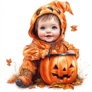 10 Halloween Pumpkin Kids Clipart Bundle, Printable Watercolor Cute ...