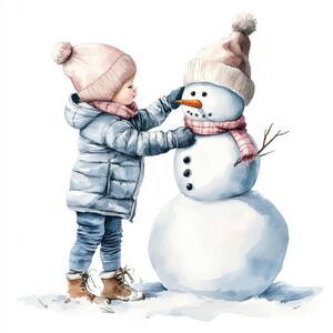 26 Watercolor Kid Making a Snowman Clipart Bundle, Snow Winter Clipart ...