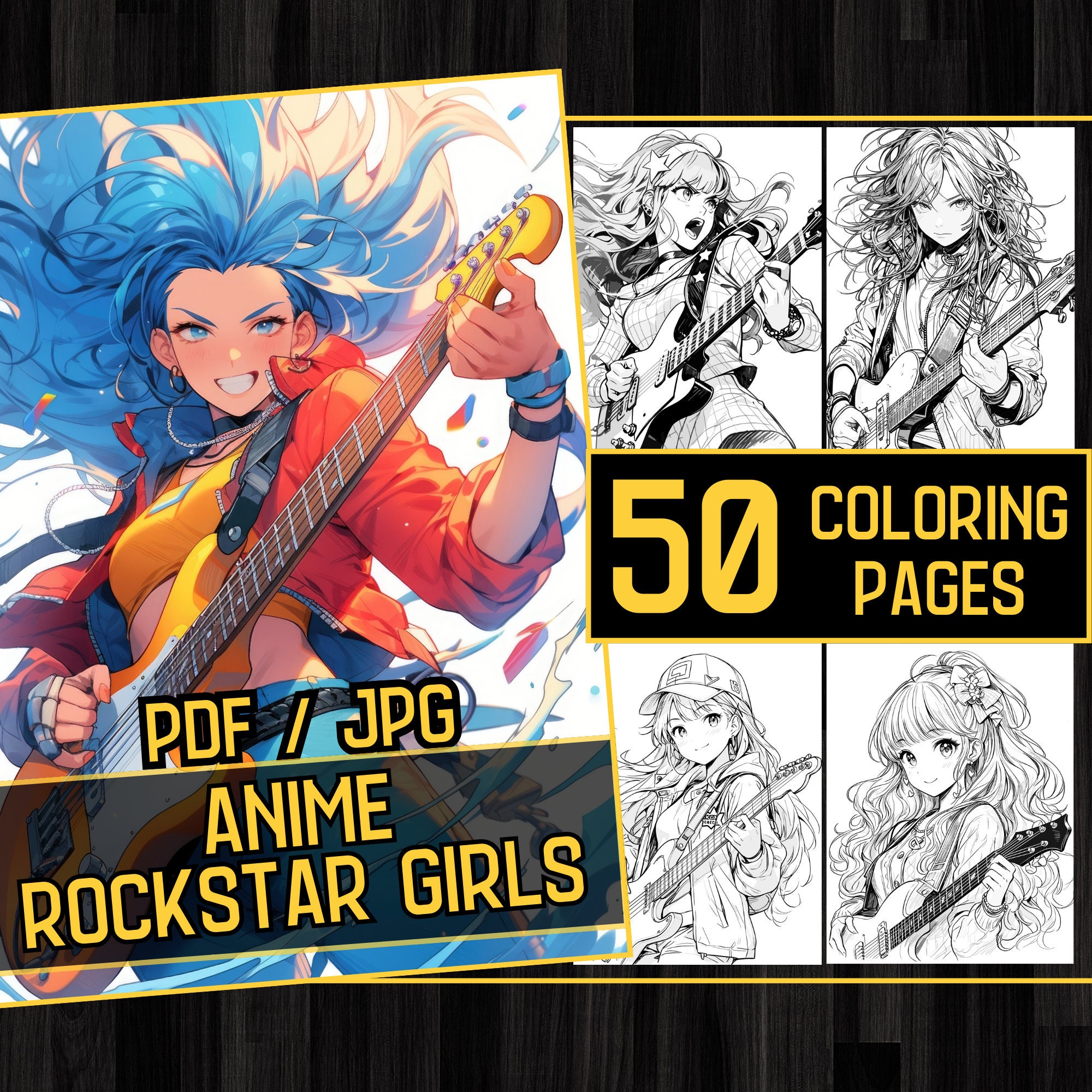 Anime Rockstar Girls Adult Coloring Book 50 Rock'n Roll Coloring Pages ...