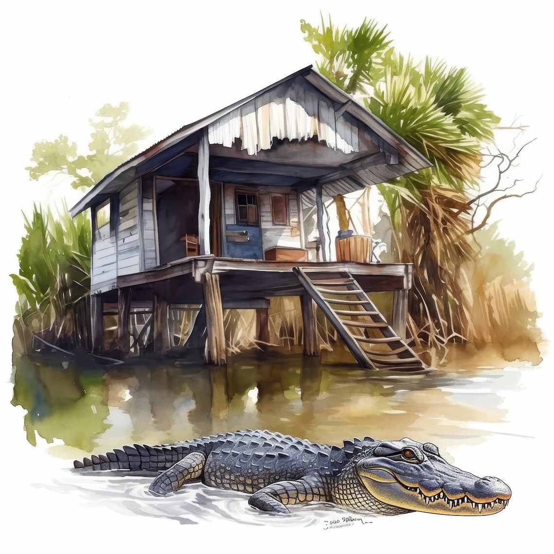10 Old Shack on Bayou Clipart Bundle, Swamp Landscape Illustration ...