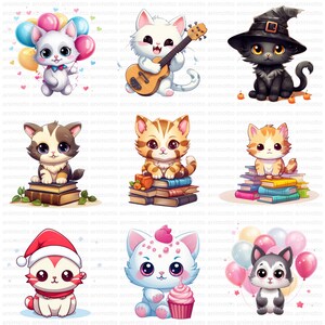 Watercolor Kawaii Cats Clipart Bundle Cute Adorable Cat PNG Graphics ...