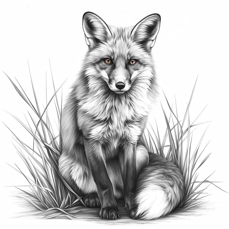 11 Black and White Fox Clipart Bundle, Grayscale Fox Illustration ...