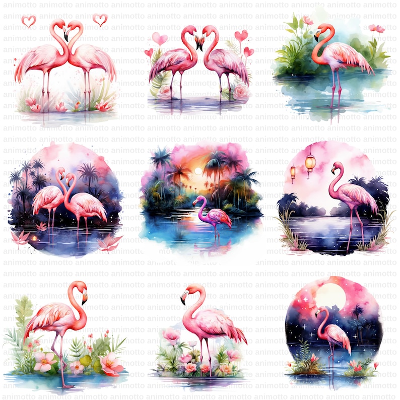 Watercolor Flamingos Clipart Bundle, Tropical Bird Clipart Set, Pink ...