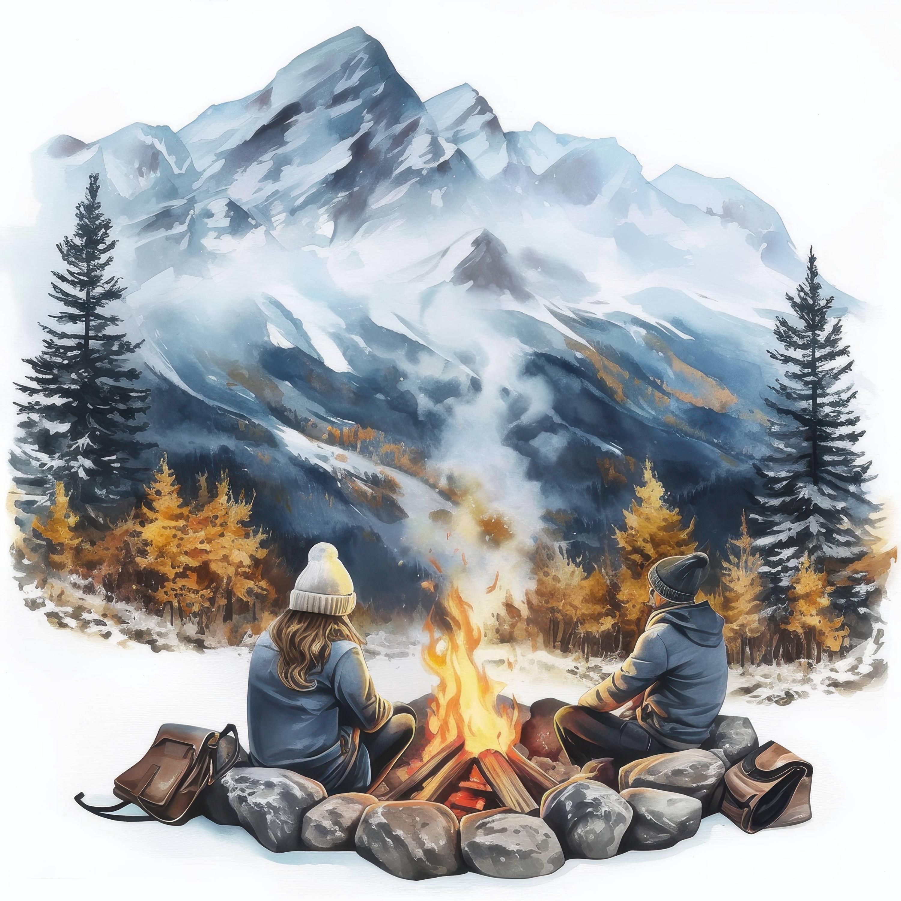 11 Mountain Campfire Couple Clipart Bundle, Camping Illustrations ...