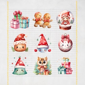 Watercolor Kawaii Christmas Clipart Bundle, Cute Christmas PNG Graphics ...