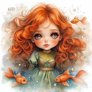 8 Ginger Mermaids Clipart Bundle, Printable Watercolor Cute Mermaid ...