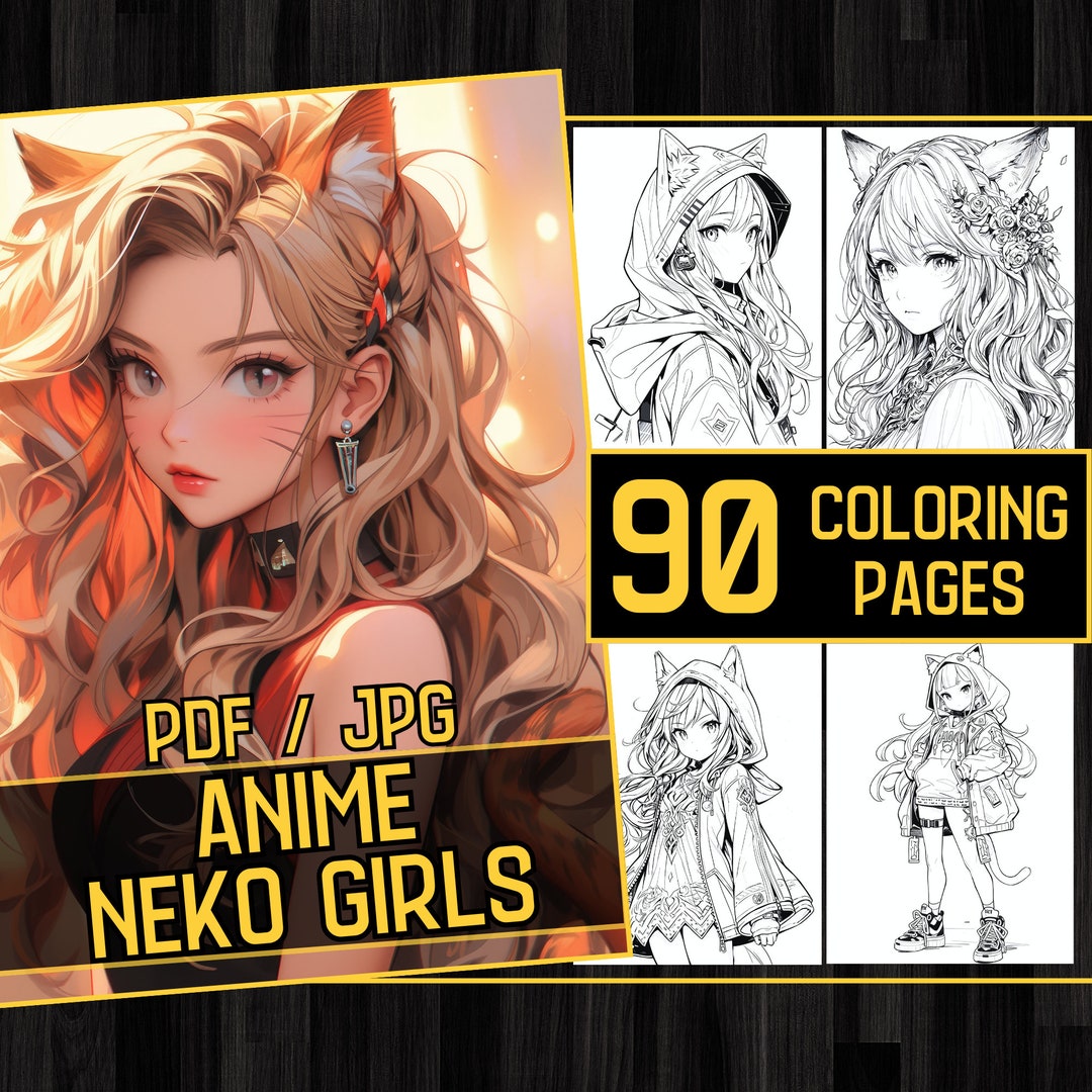 Anime Neko Girls Beauties Adult Coloring Book 90 Beatiful Coloring ...