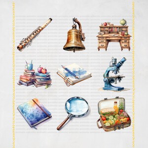 Watercolor School Clipart Bundle, Painted Back to School Clipart PNG ...
