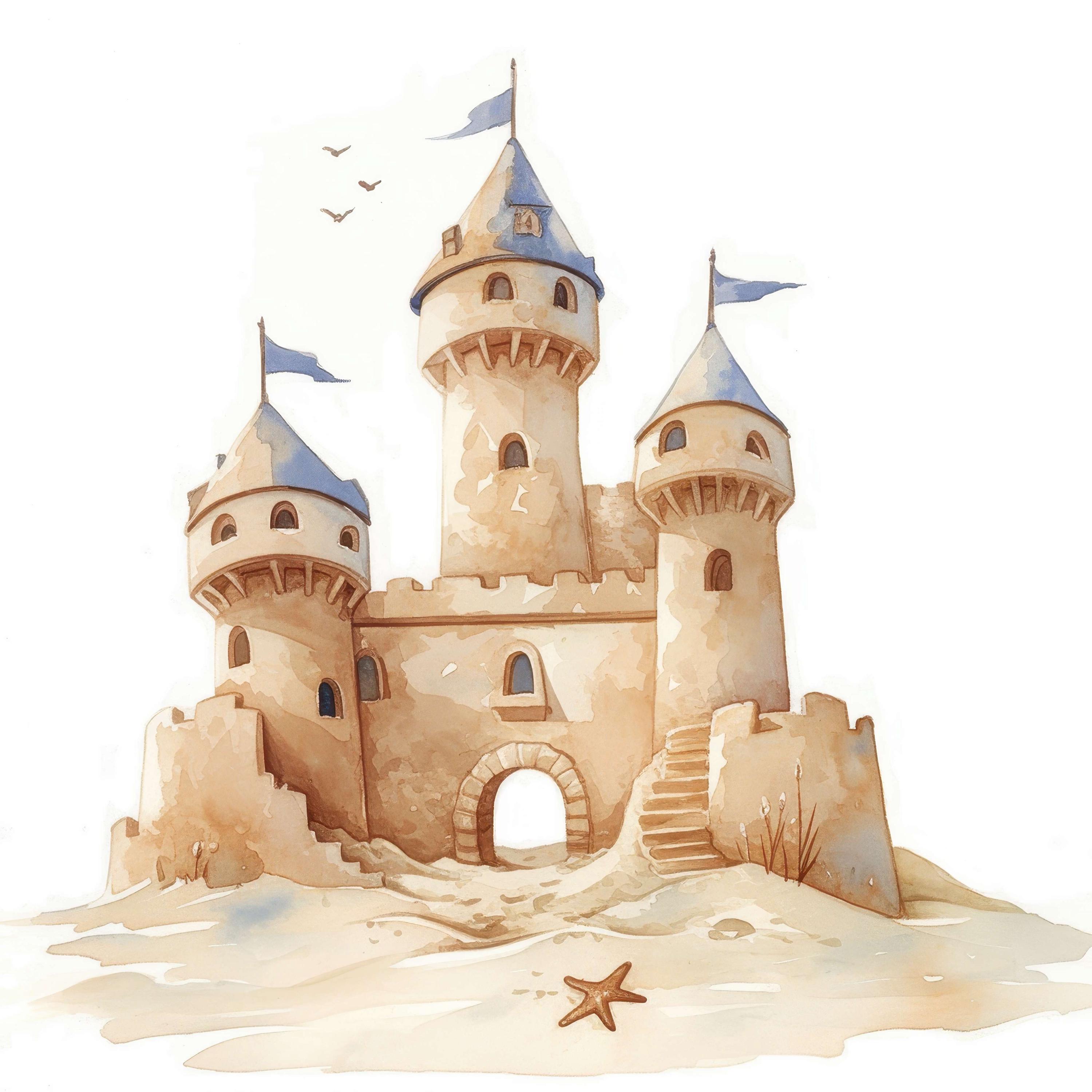 13 Beach Sand Castle Clipart, Cartoon Castle, Printable Watercolor ...