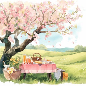 14 Doing Picnic Under a Tree Clipart Bundle, Watercolor Summer ...