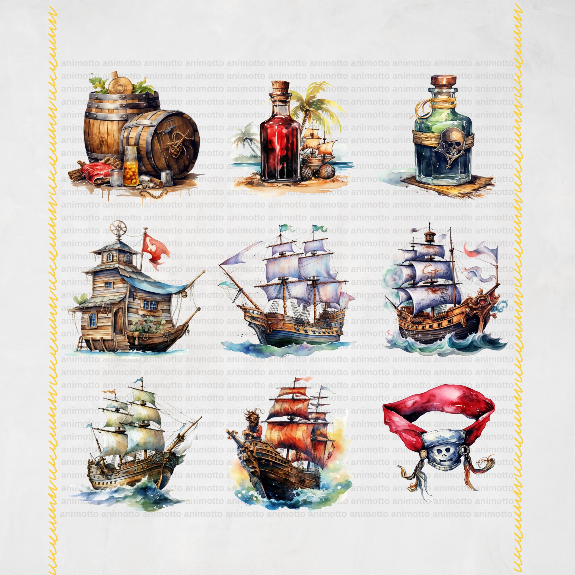 Watercolor Pirates Clipart Bundle, Ship Images, Parrot PNG, Flag ...