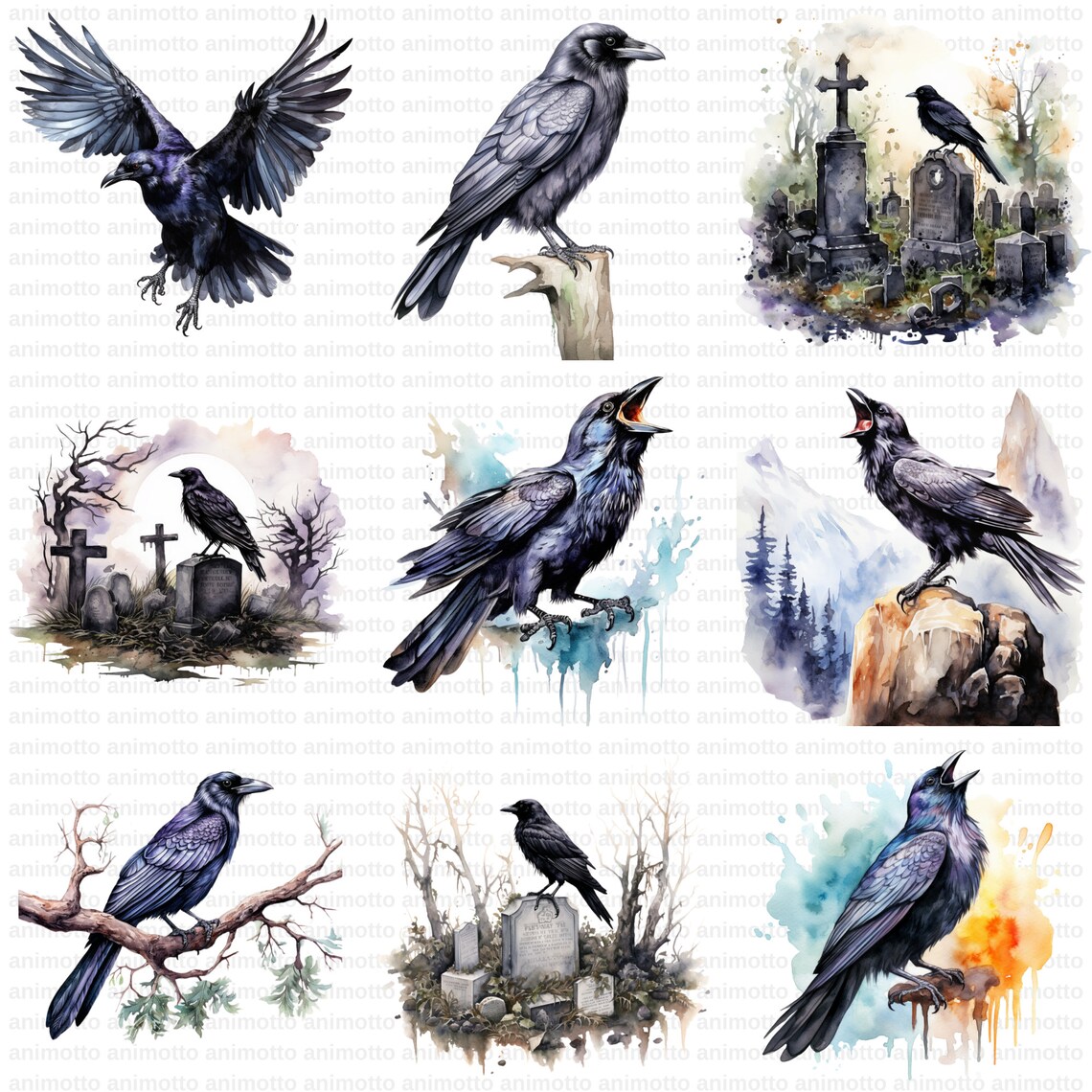 Watercolor Ravens Clipart Bundle, Black Bird, Gothic Animal, Dark and ...