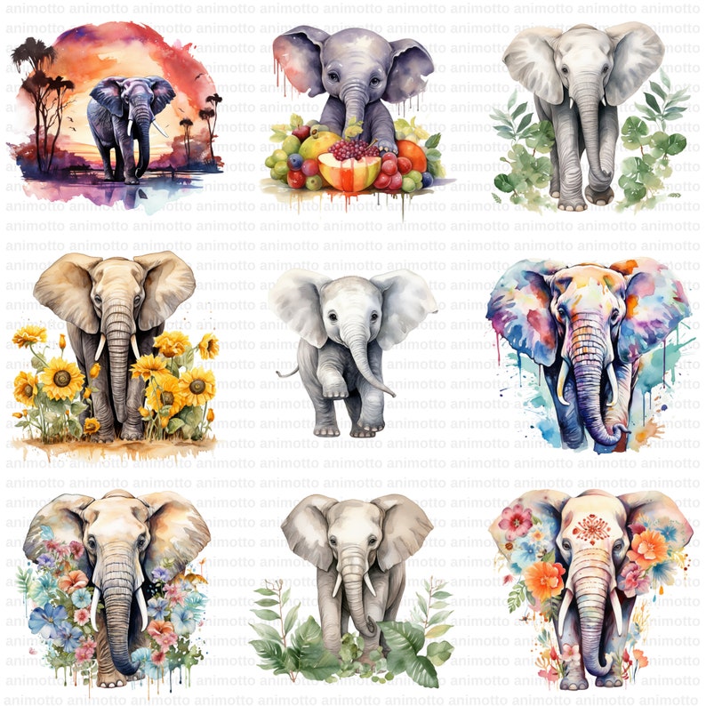 Watercolor Elephants Clipart Bundle, Painted Elephants Illustrations ...