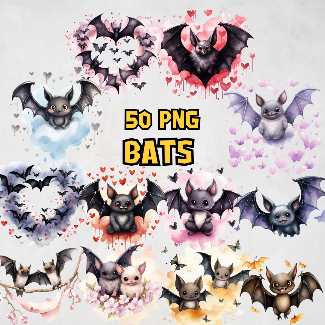 Watercolor Bats Clipart Bundle, Cute Bats Clipart Set, Spooky Bat ...