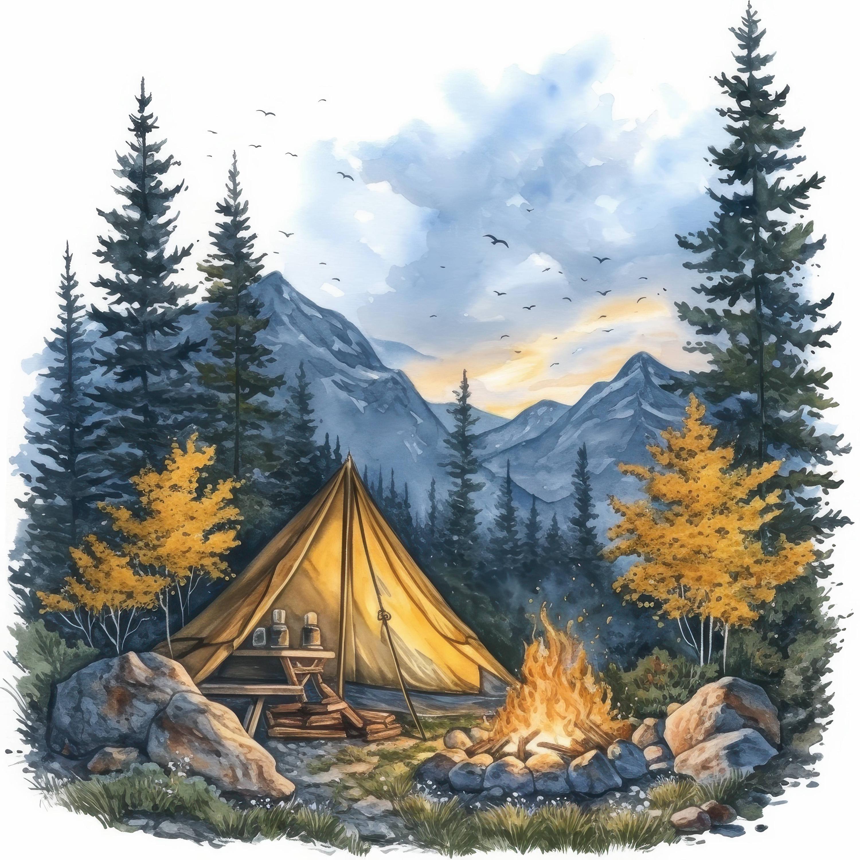 12 Camping Adventure Clipart Bundle, Mountains Campfire Illustrations ...