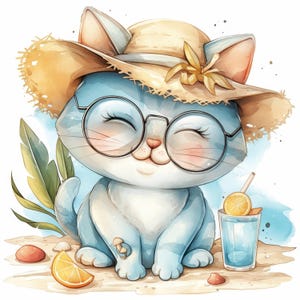 10 Summer Cats Clipart Bundle, Printable Watercolor Summer Kitten ...