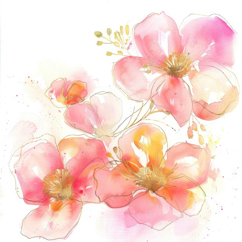 10 Abstract Flowers Clipart Bundle, Pink Gold Flower, Flowers Print ...