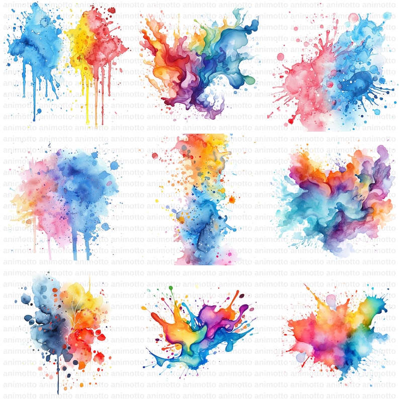 Watercolor Splashes Clipart Bundle, Rainbow Splash Clipart Set, Ink ...