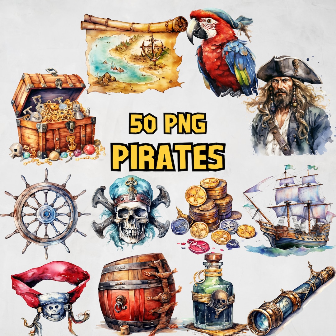 Watercolor Pirates Clipart Bundle, Ship Images, Parrot PNG, Flag ...