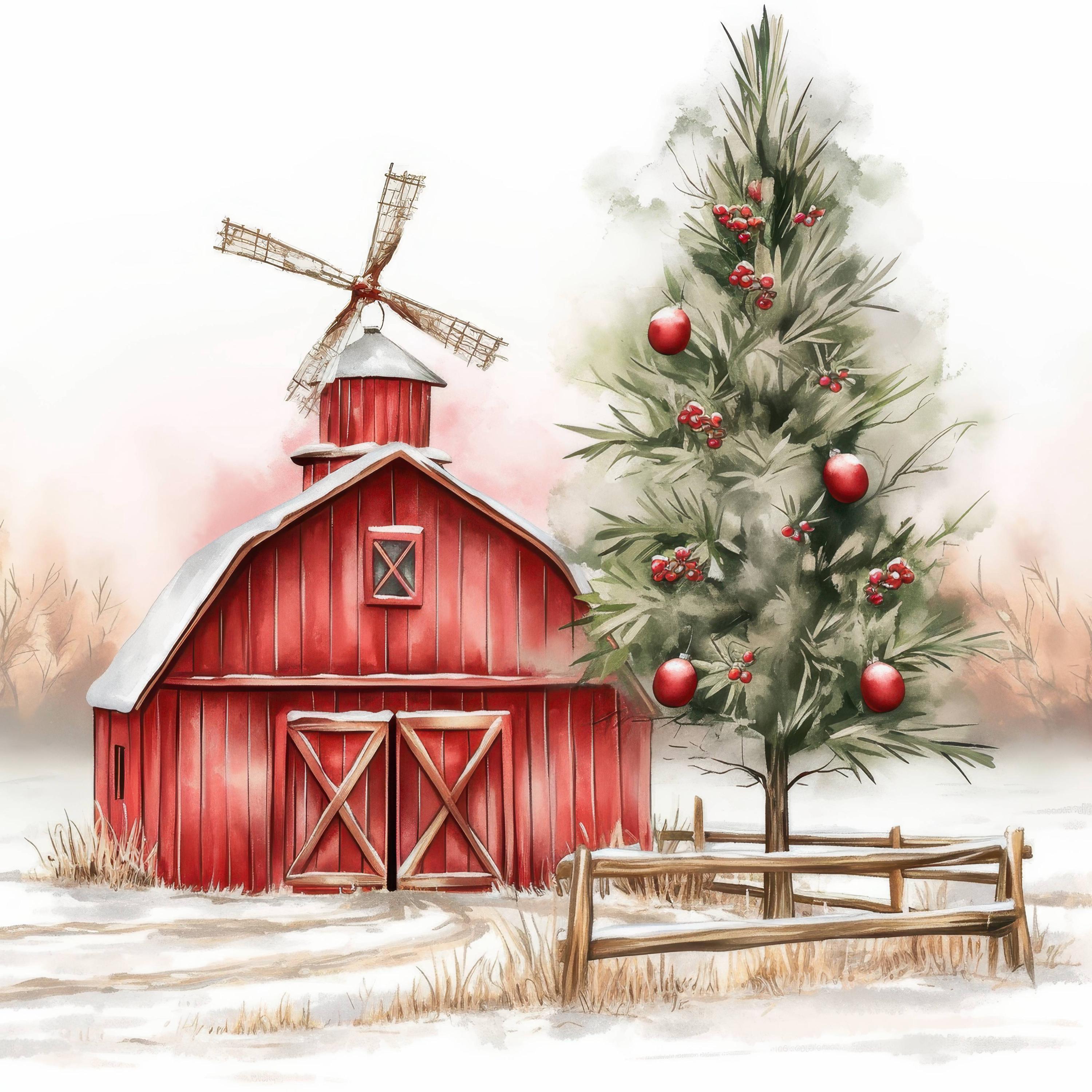 10 Christmas Red Barn Clipart Bundle, Festive Farm Illustrations ...