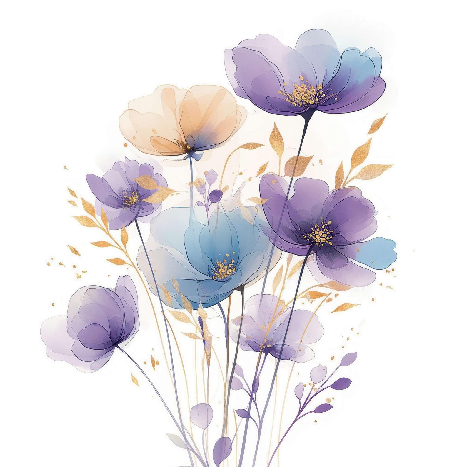 14 Purple Flower Art Clipart Set, Abstract Floral Graphics, Printable ...