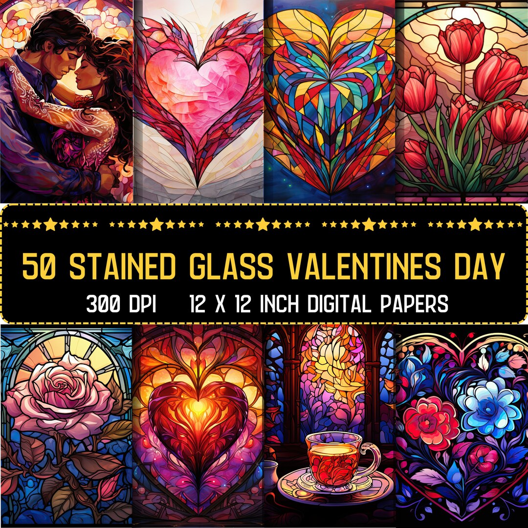 Printable Stained Glass Valentine's Day Digital Paper, Romantic ...