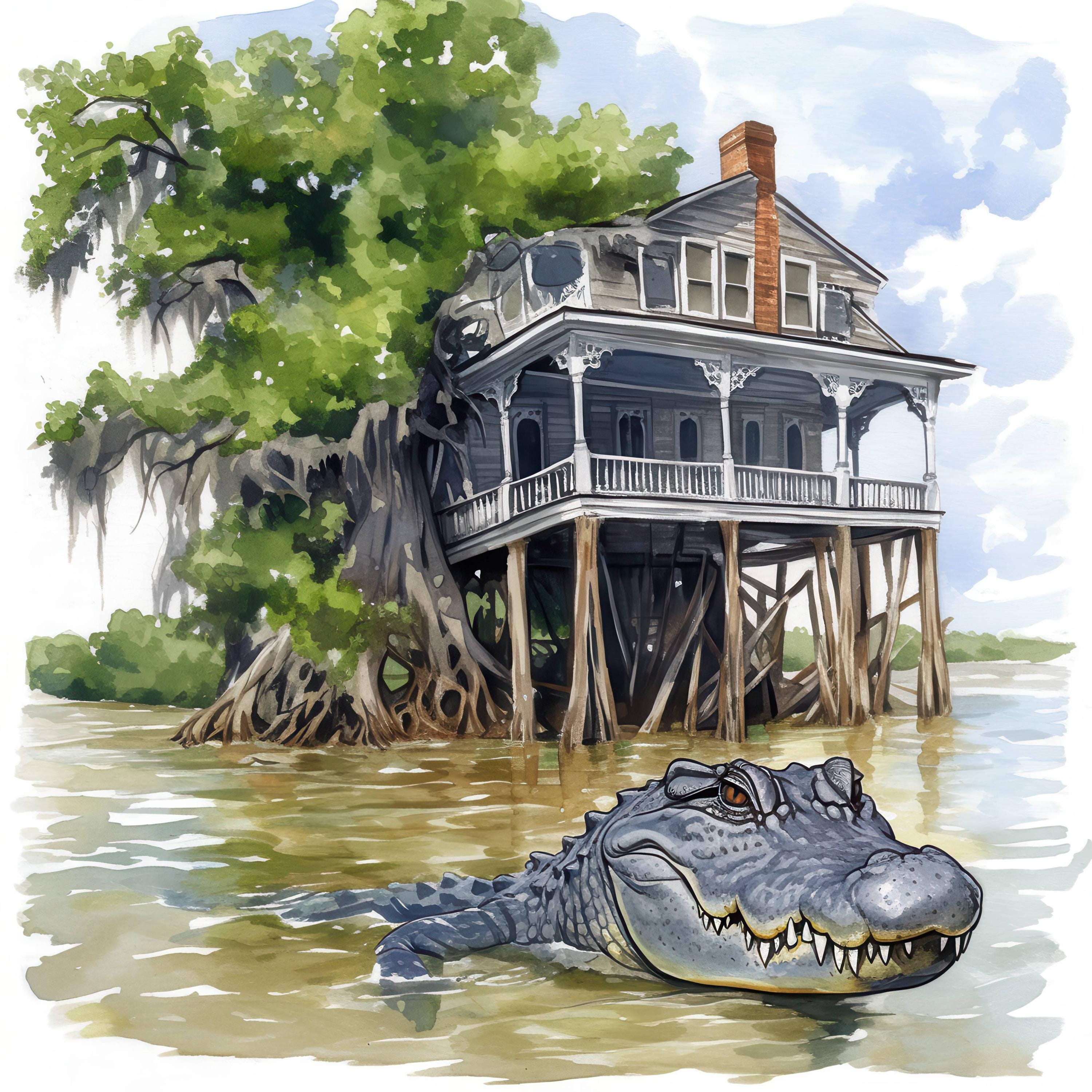 10 Old Shack on Bayou Clipart Bundle, Swamp Landscape Illustration ...