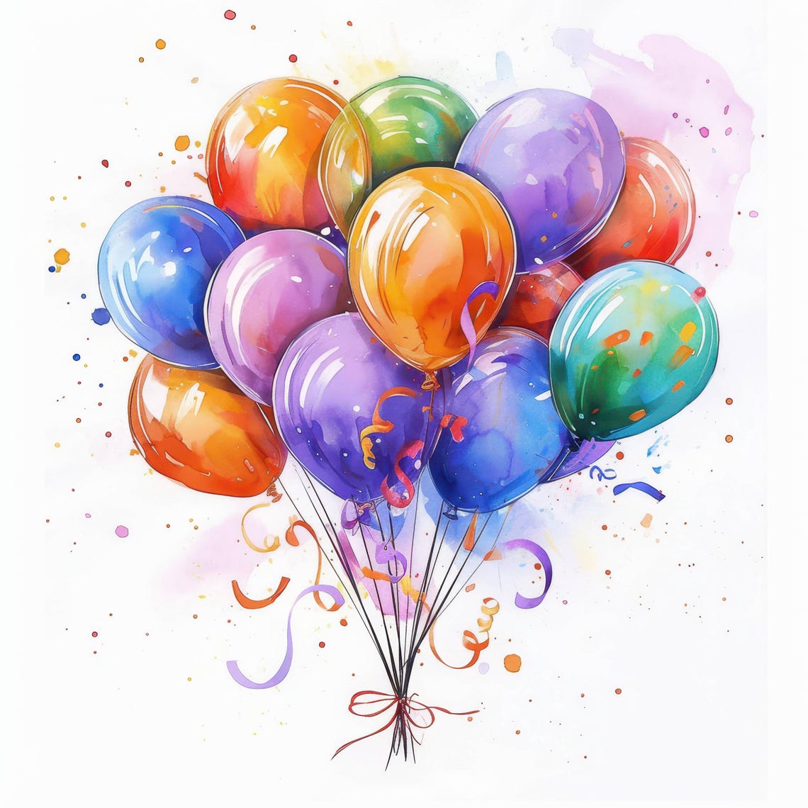 18 Colorful Celebration Balloons Clipart Bundle, Printable Watercolor ...