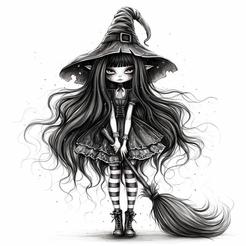 12 Whimsical Black Witch Clipart Bundle, Card Making Illustration ...
