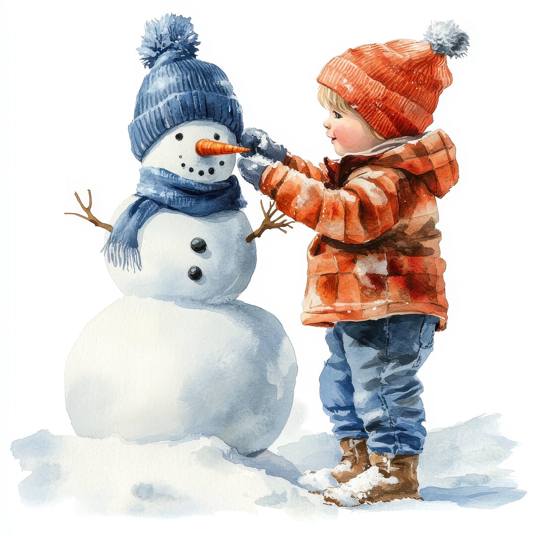 26 Watercolor Kid Making a Snowman Clipart Bundle, Snow Winter Clipart ...