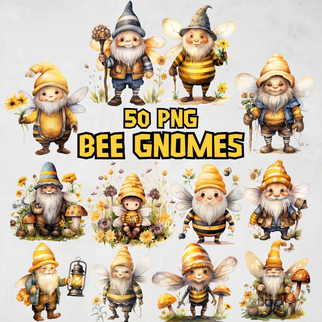 Watercolor Bee Gnomes Clipart Bundle, Cute Garden Gnome Clipart Set ...