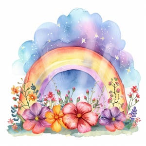 10 Watercolor Rainbow and Flowers Clipart Bundle Set, Rainbow and ...